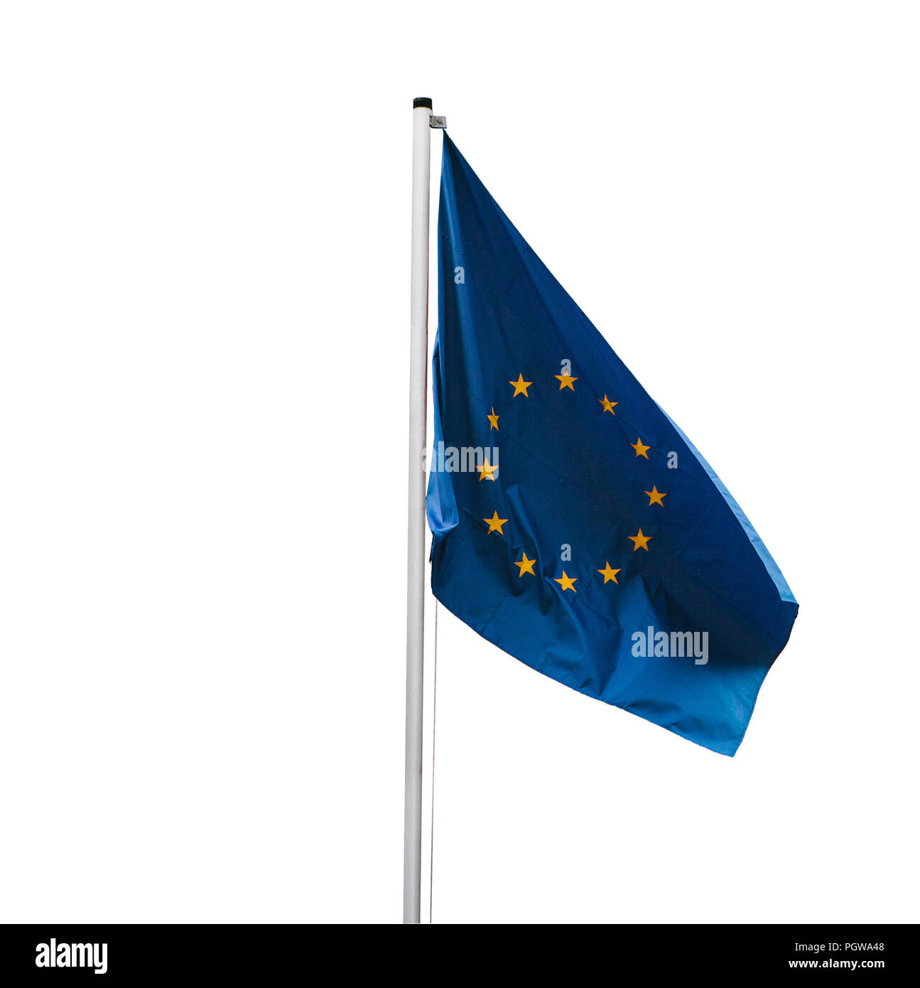 Flag of the European Union on a flagpole isolated on white background ...