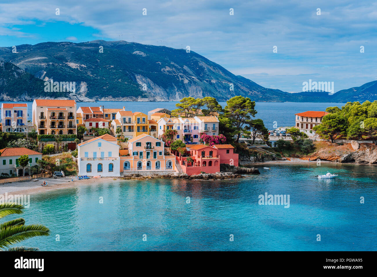 Beautiful panoramic view of Assos village with vivid colorful houses ...