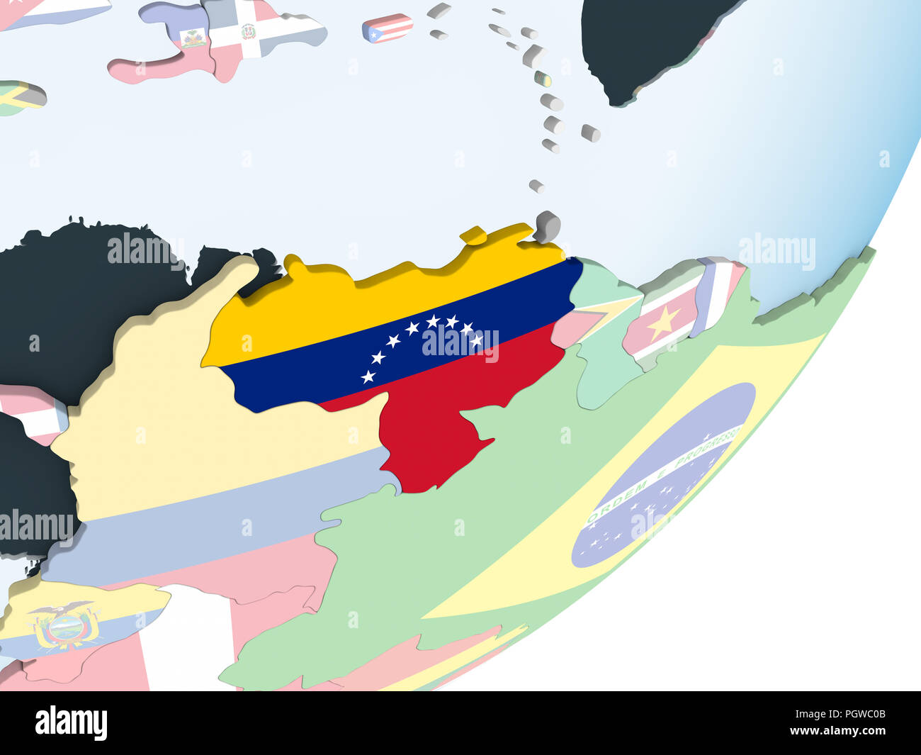 Venezuela on bright political globe with embedded flag. 3D illustration ...