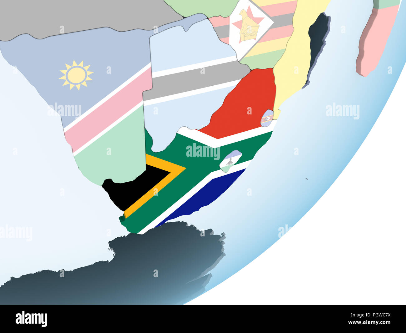 South Africa on bright political globe with embedded flag. 3D ...