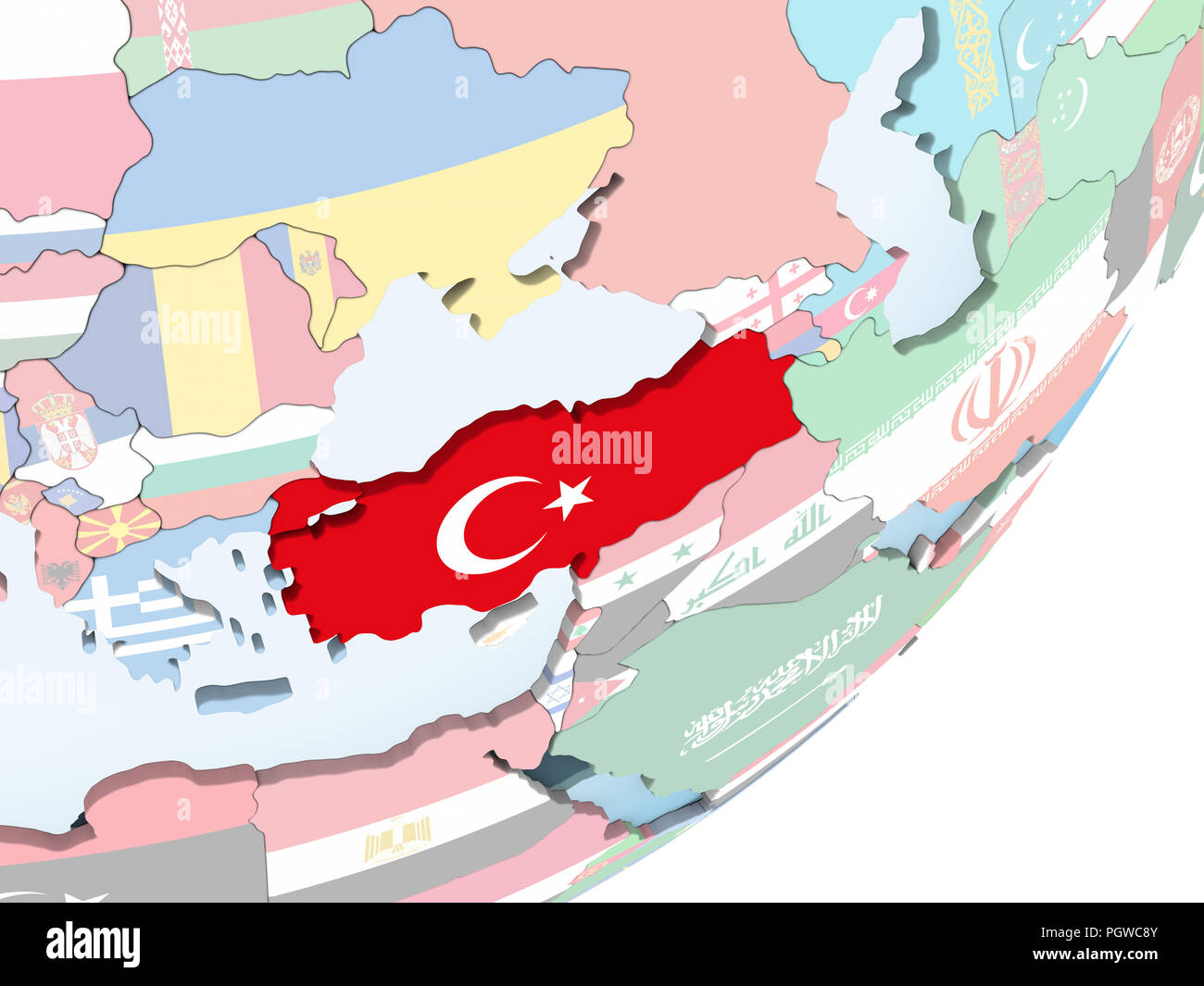 Turkey on bright political globe with embedded flag. 3D illustration ...