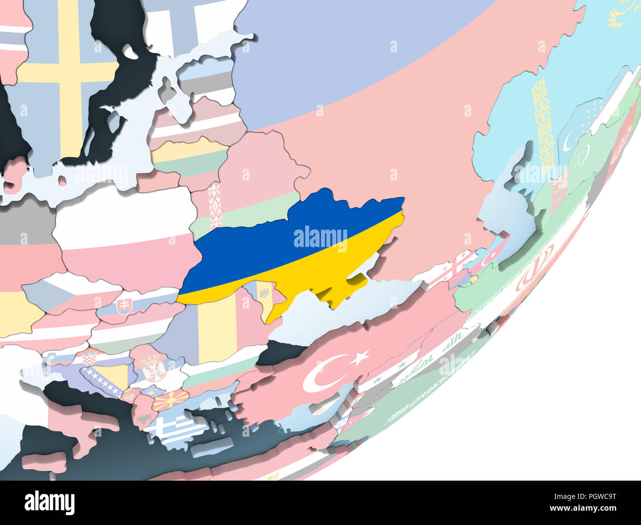 Ukraine on bright political globe with embedded flag. 3D illustration ...