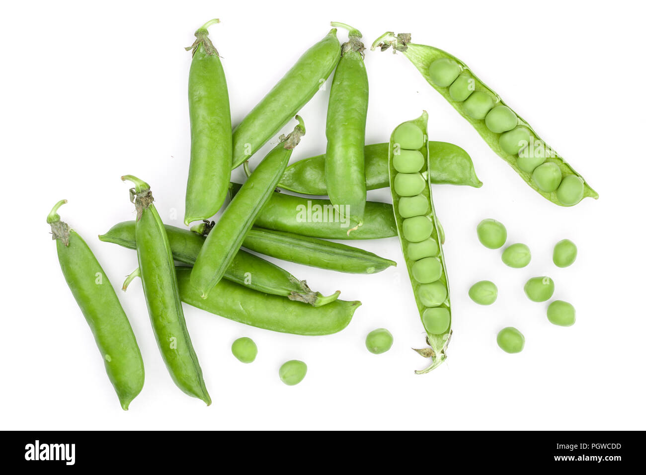 Fresh green pea pod isolated on white background. Top view. Flat lay ...