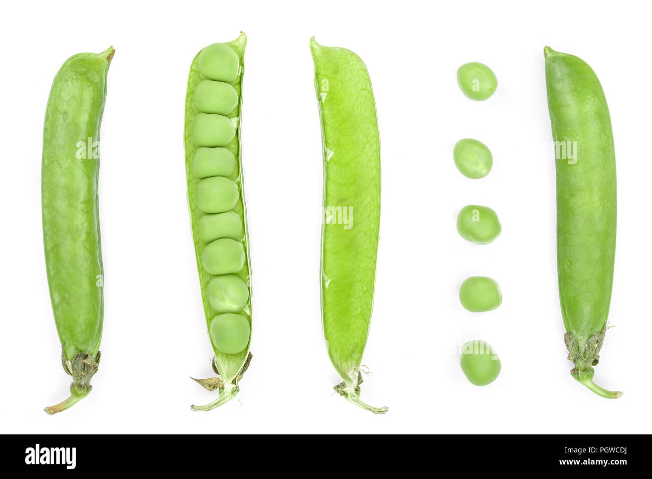 Fresh green pea pod isolated on white background. Set or collection. Top view. Flat lay pattern ...