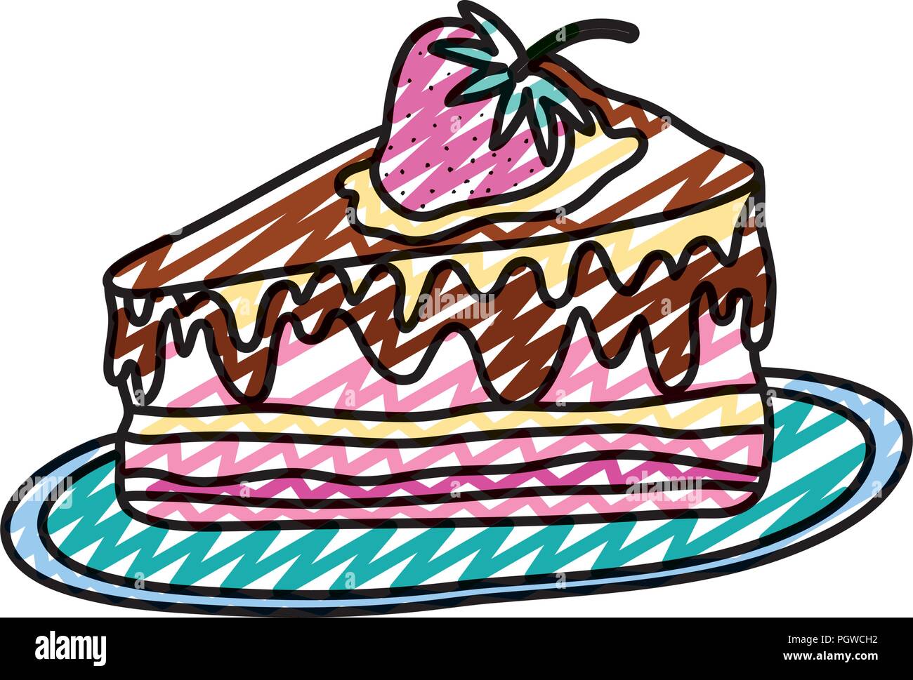 doodle delicious cake with strawberry fruit in the plate Stock Vector ...