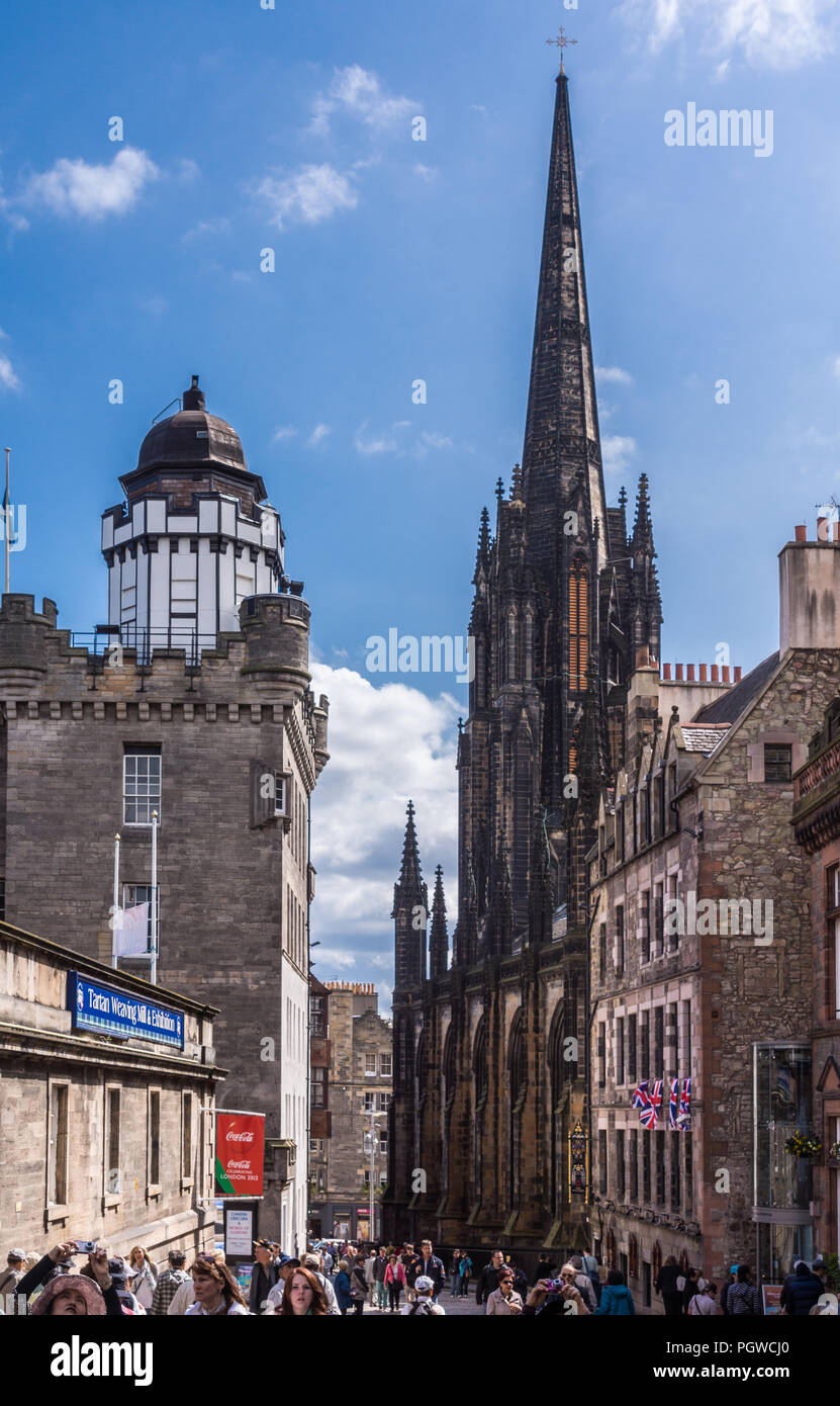 Edinburgh, Scotland, UK - June 14, 2012: Look down on Royal Mile street ...