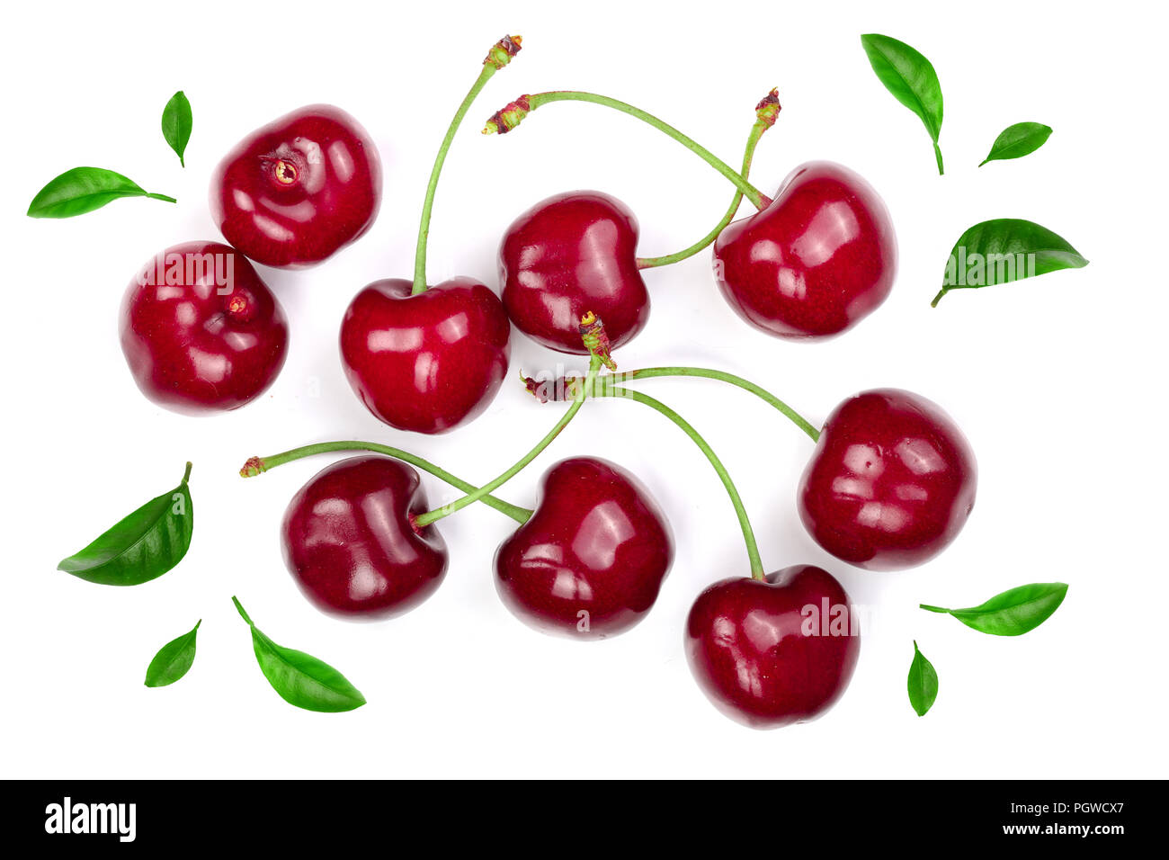 Sweet red cherries isolated on white background. Top view. Flat lay ...
