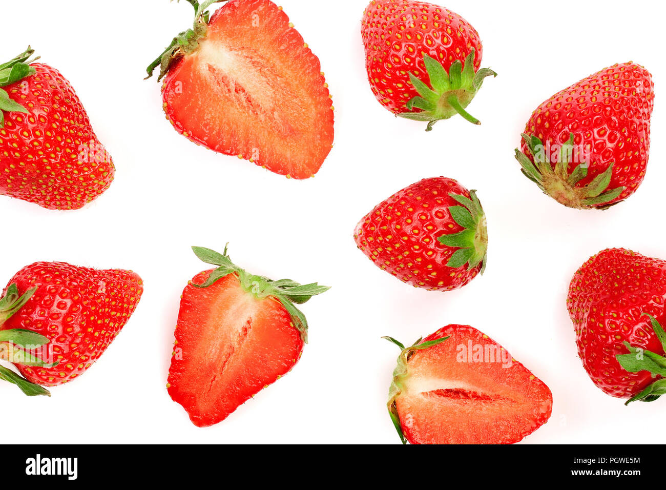 Strawberries isolated on white background. Top view. Flat lay pattern ...