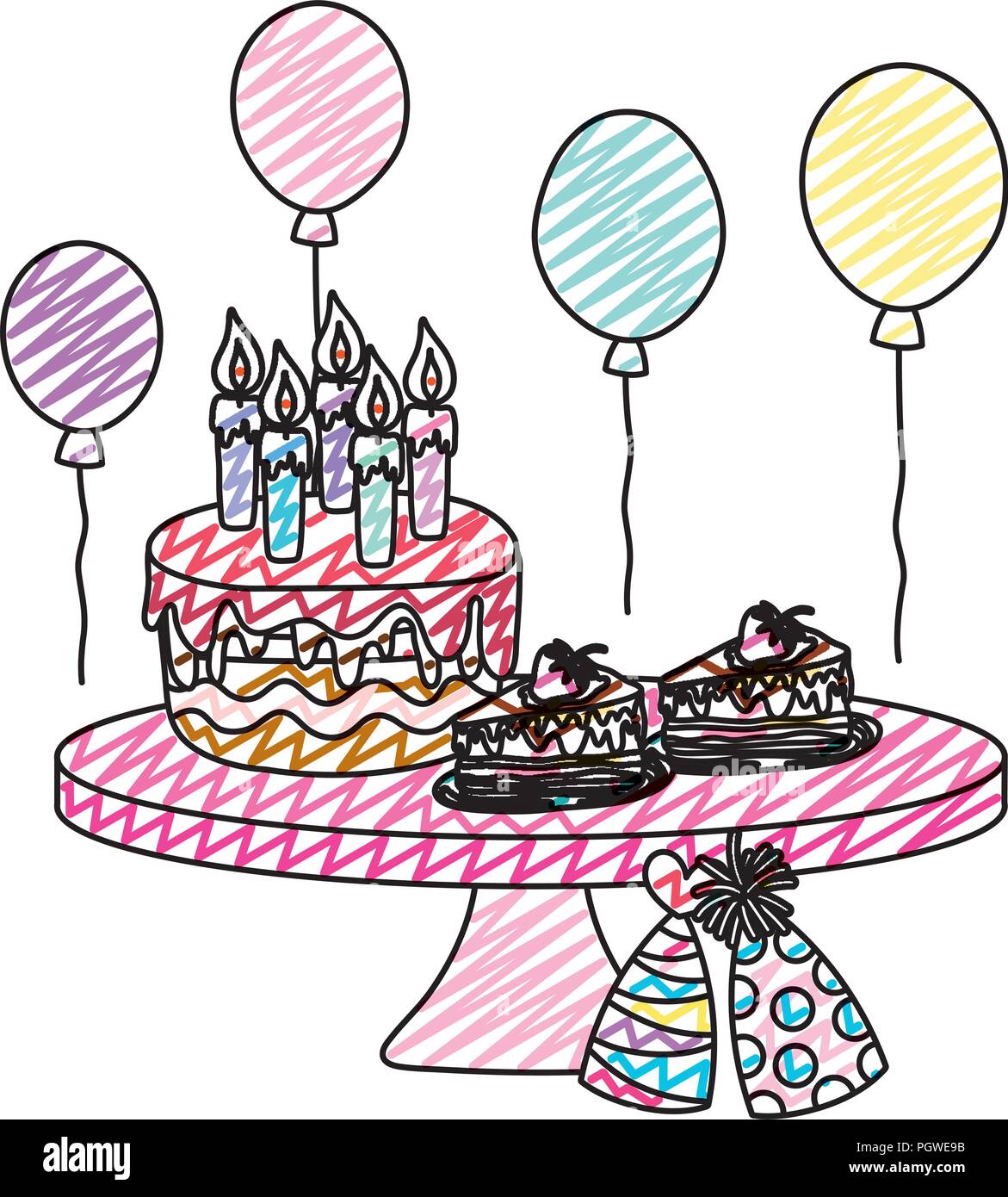 doodle birthday party cakes with hats and balloons Stock Vector Image ...