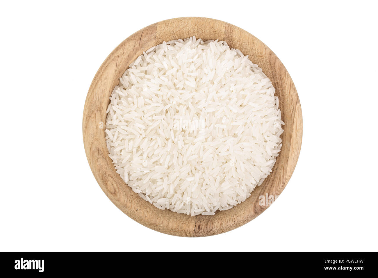 rice grains in wooden bowl isolated on white background. Top view. Flat ...