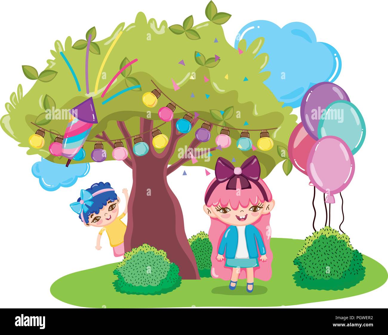 girls children friends with tree and balloons Stock Vector Image & Art ...