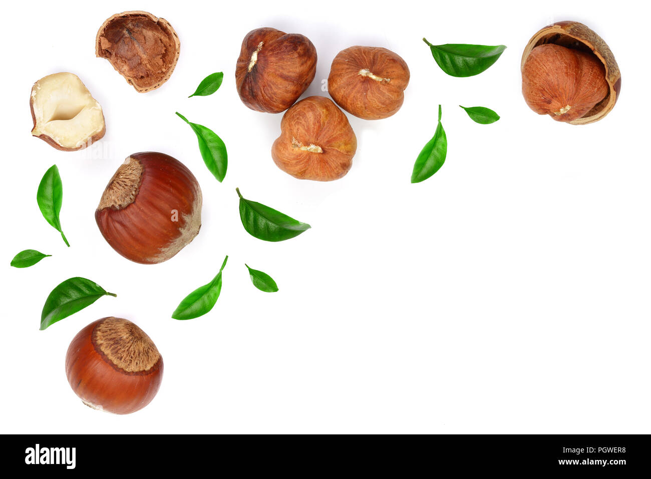 Hazelnuts with leaves isolated on white background. Top view. Flat lay ...