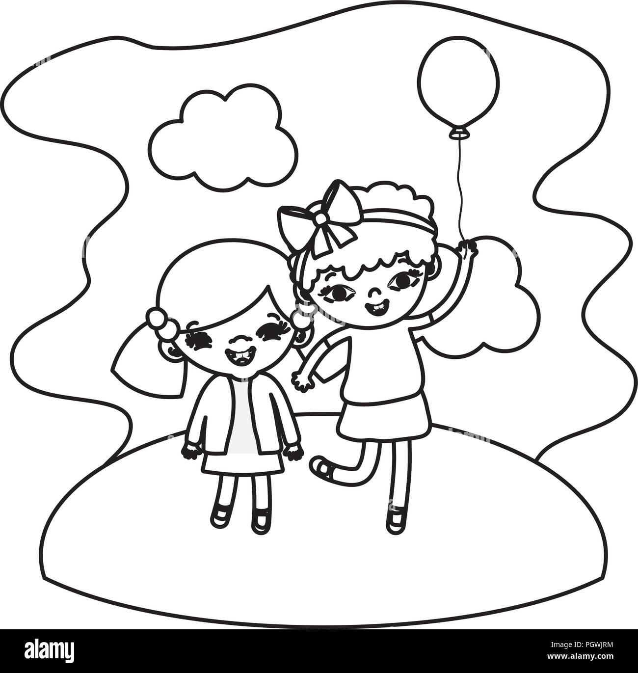line girls children with cute balloon in the landscape Stock Vector ...