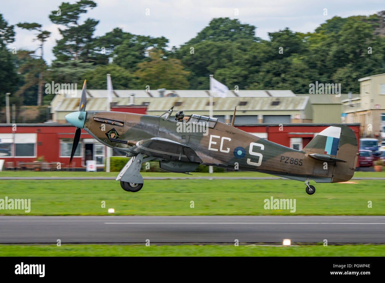 RAF BBMF Hawker Hurricane fighter aircraft taking off from Dunsfold ...