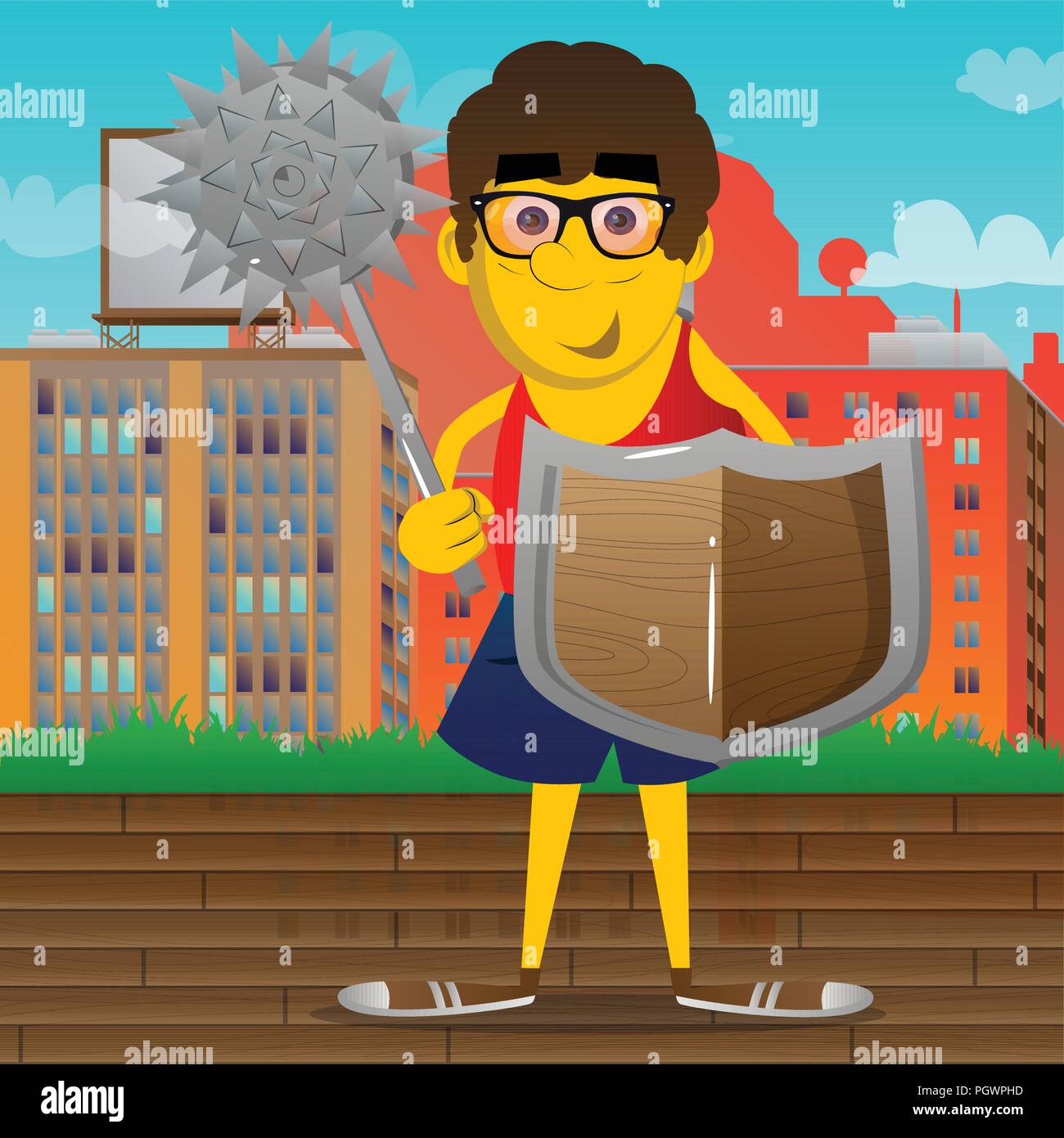 Yellow man holding a spiked mace and shield. Vector cartoon ...