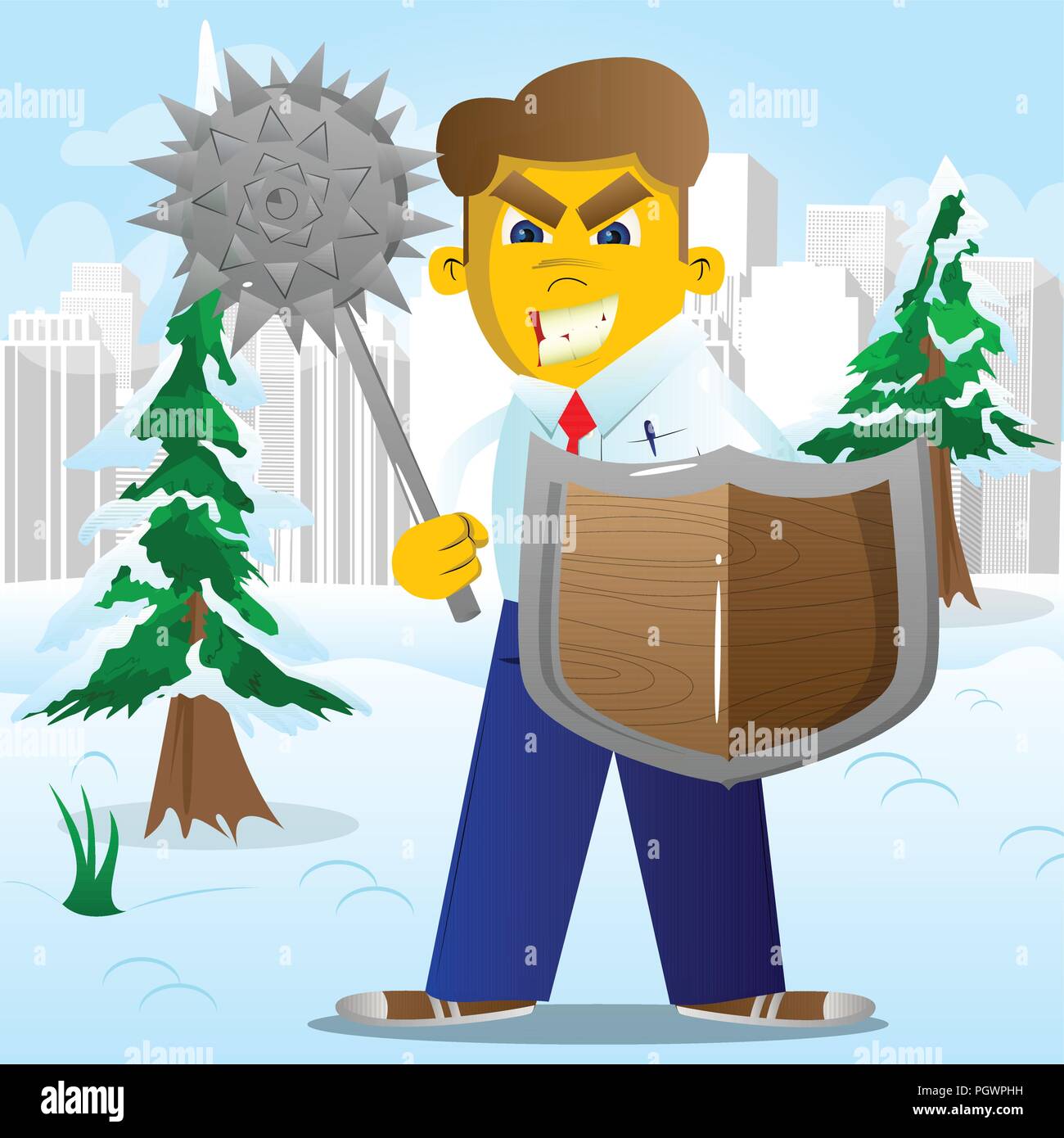 Yellow man holding a spiked mace and shield. Vector cartoon ...