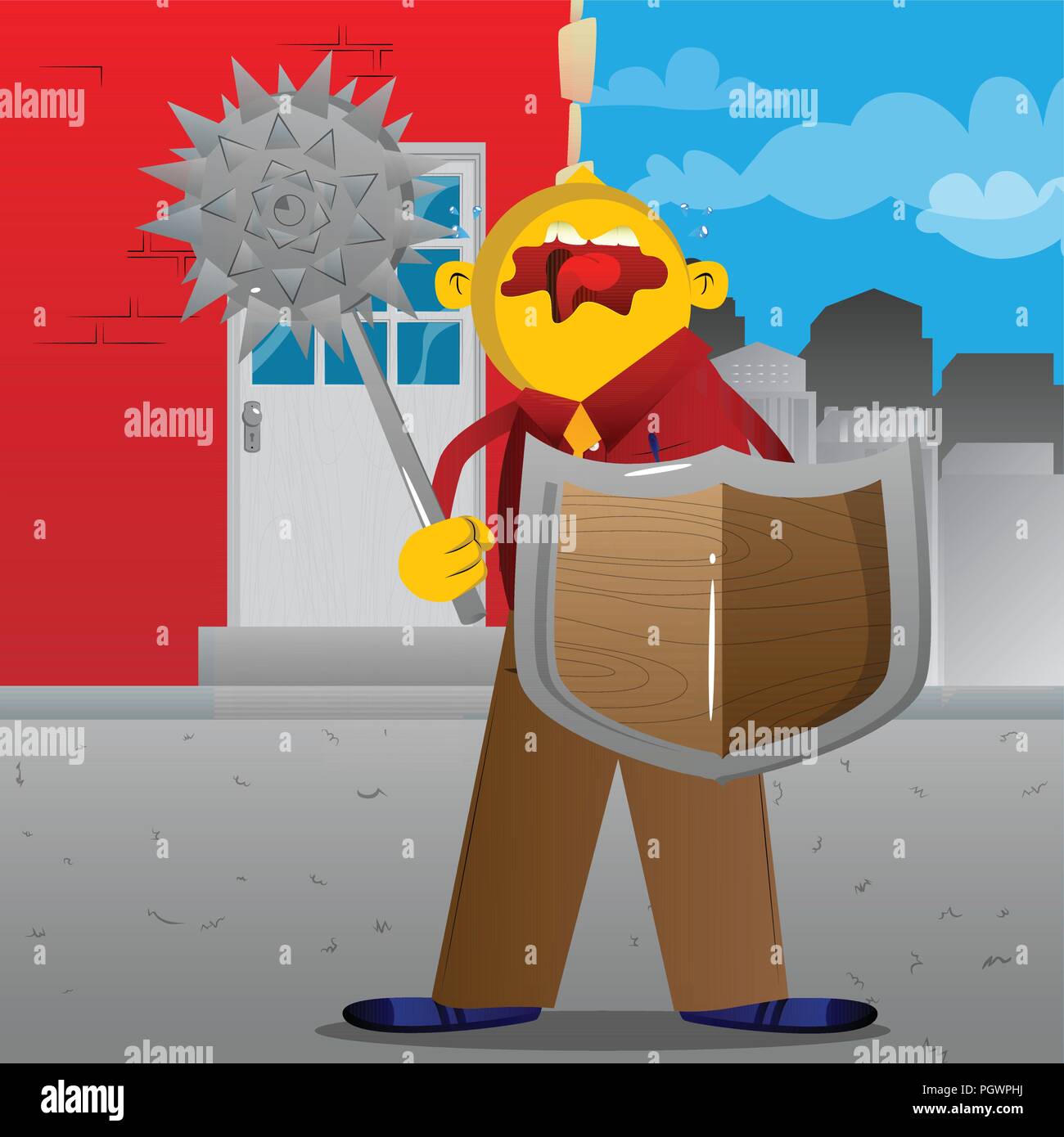 Yellow man holding a spiked mace and shield. Vector cartoon ...