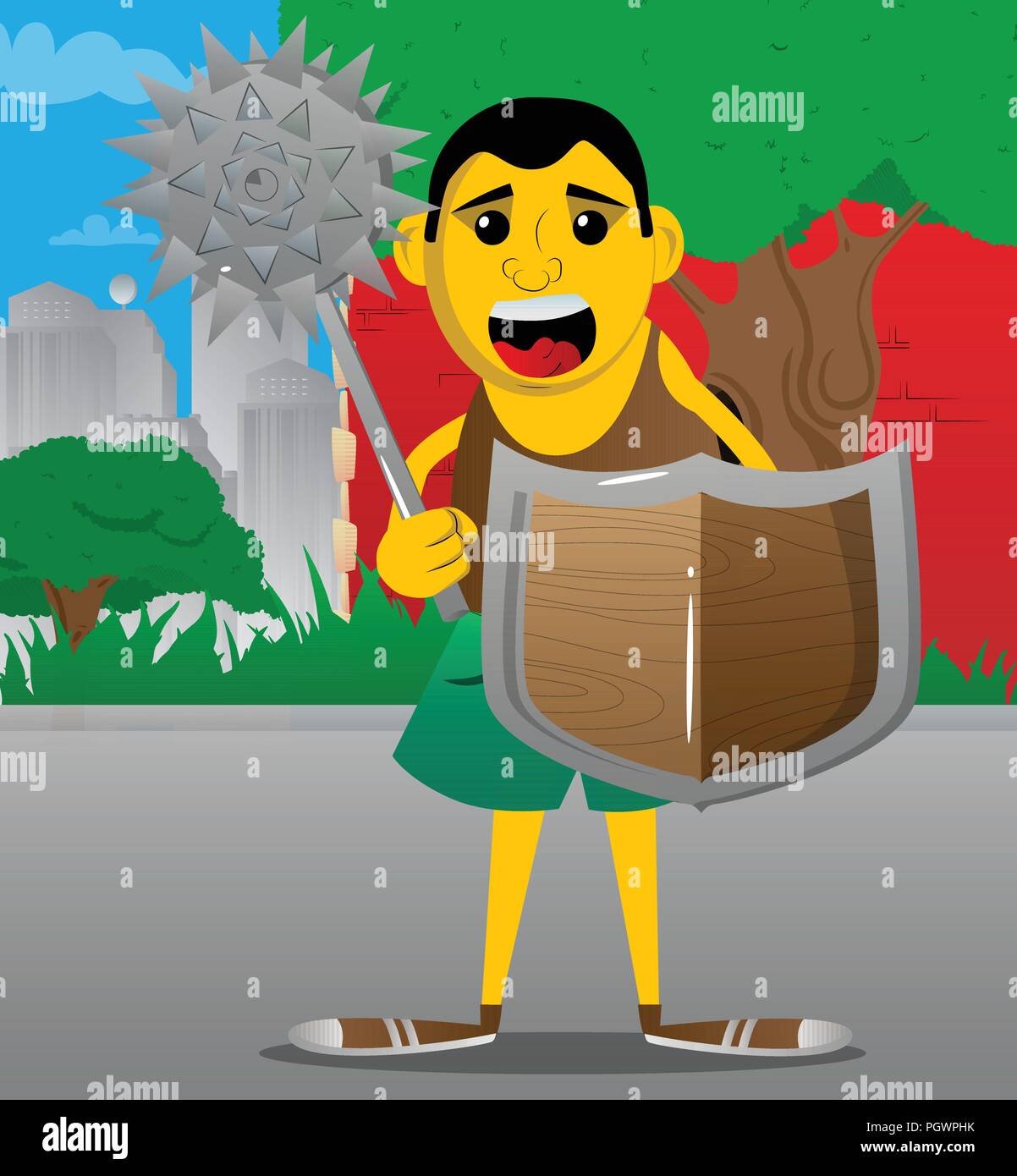 Yellow man holding a spiked mace and shield. Vector cartoon ...