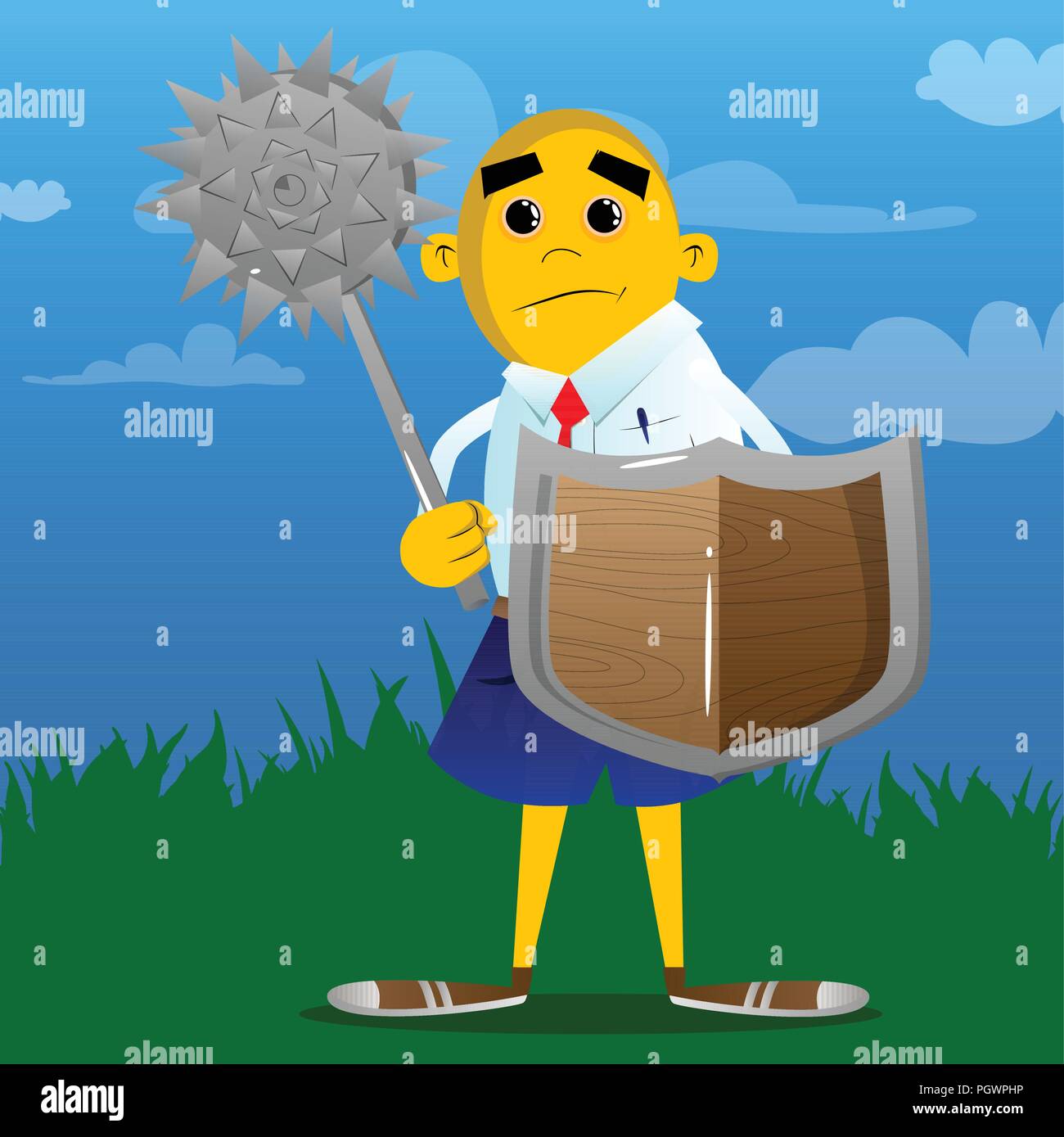 Yellow man holding a spiked mace and shield. Vector cartoon ...