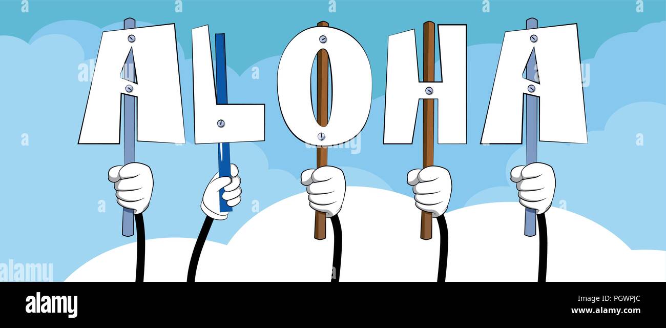 Diverse hands holding letters of the alphabet created the word Aloha ...