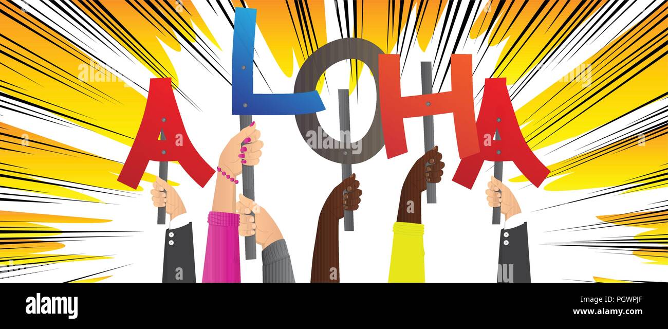 Diverse hands holding letters of the alphabet created the word Aloha ...