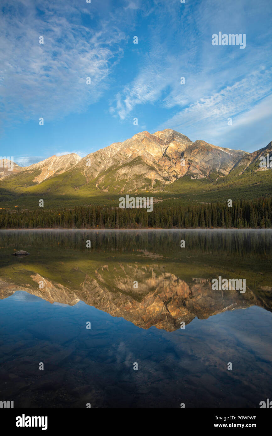 Morning reflection of Pyramid Mountain in Pyramid Lake, Jasper National ...