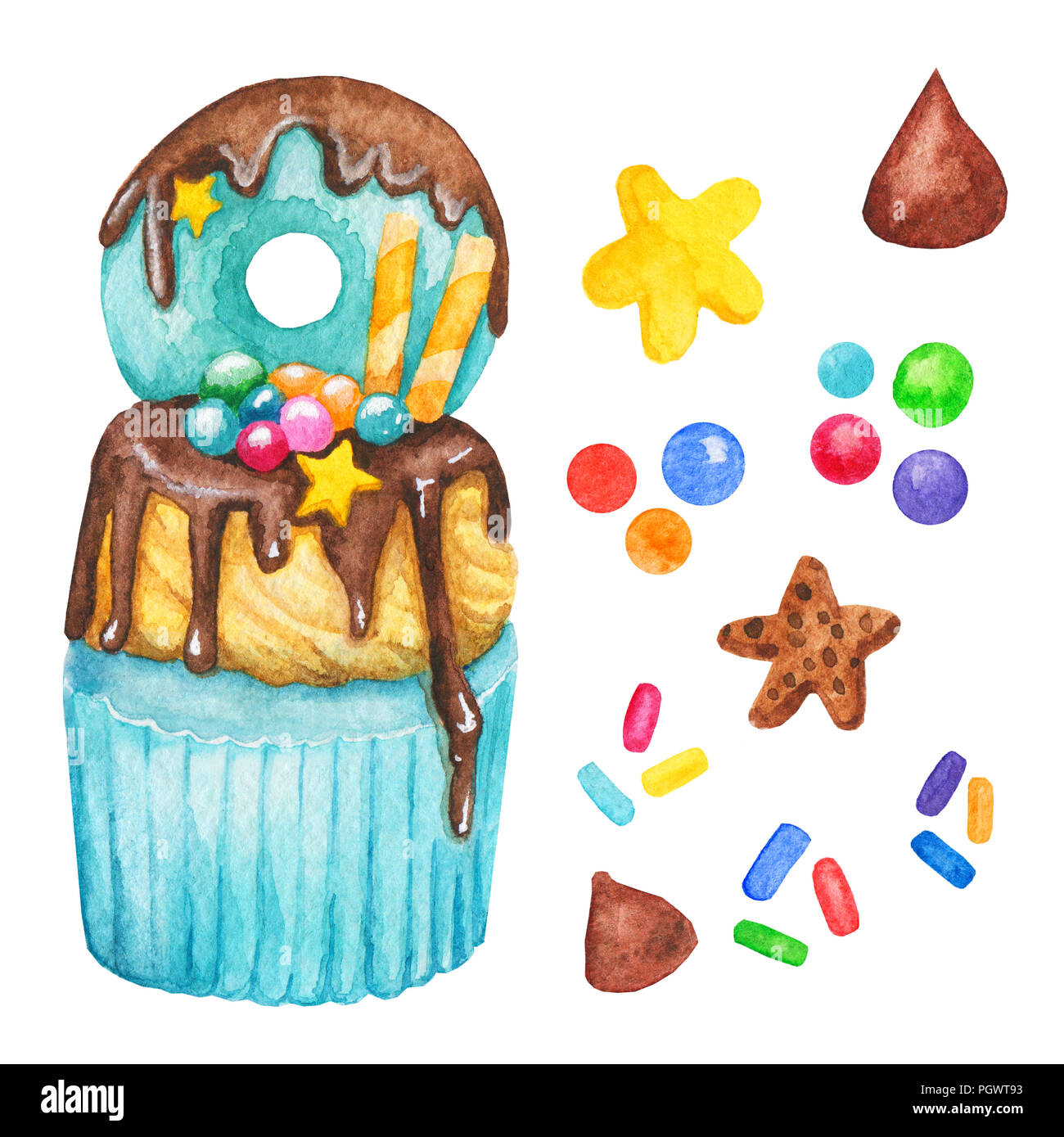 Watercolor cupcake, fairy cake isolated on a white background. Sweet ...
