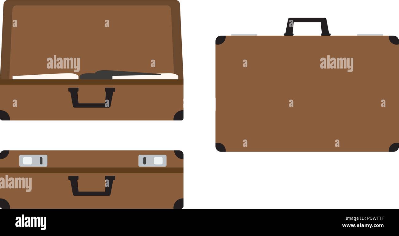 Leather suitcases set open, closed and side view positions. Flat color ...