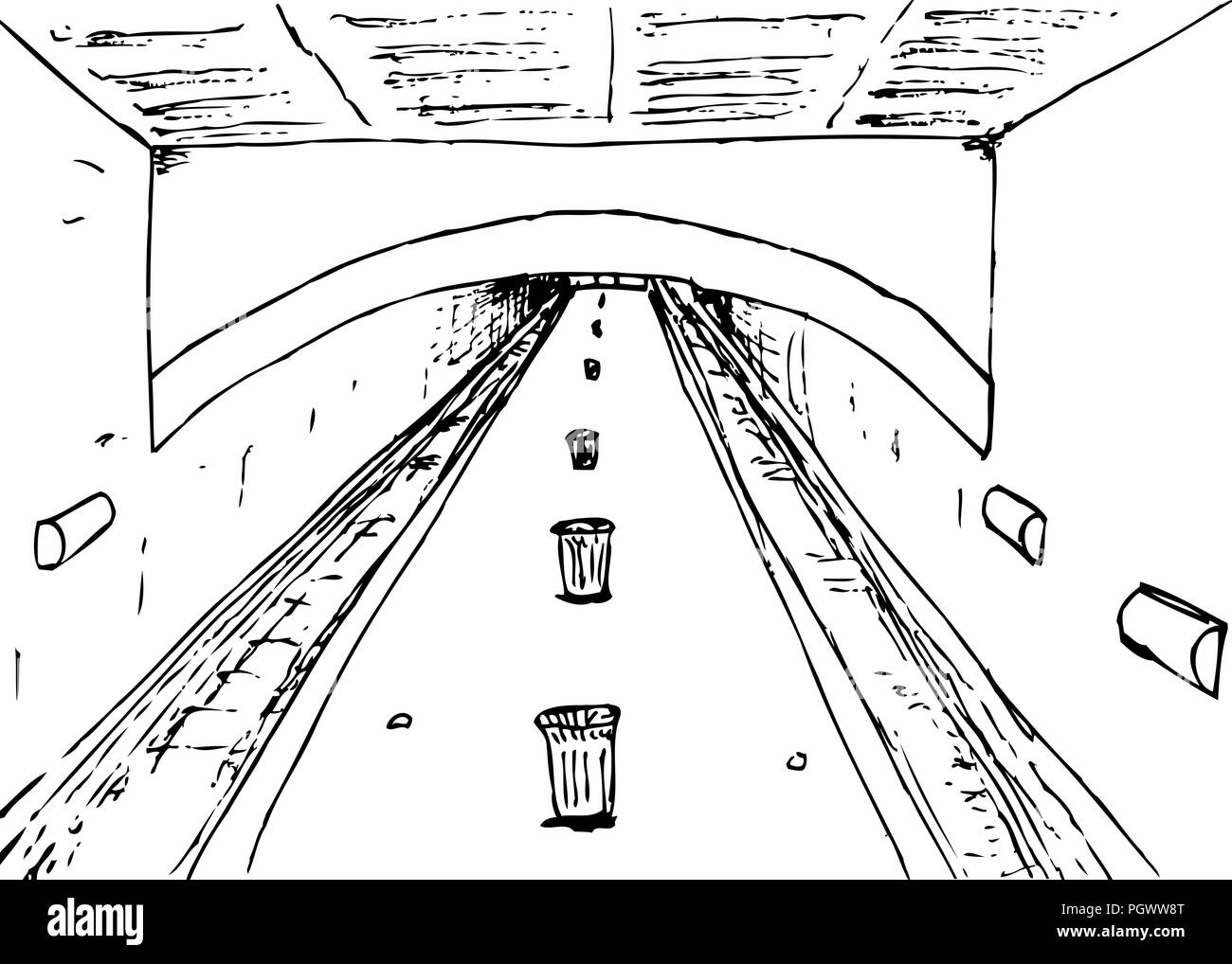Outline sketch of subway platform with single platform and tracks on ...