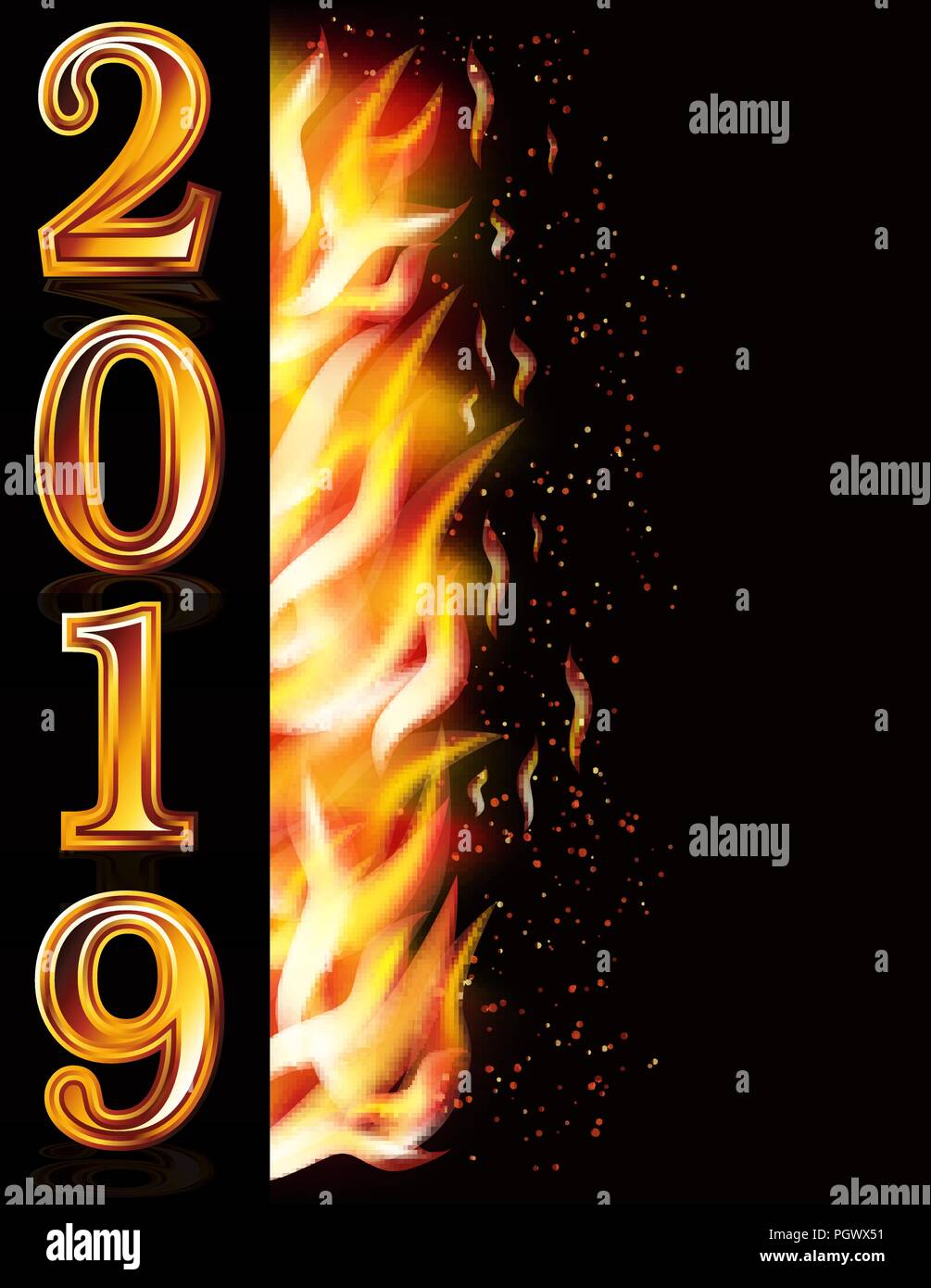 Happy New 2019 Year fire greeting banner, vector illustration Stock ...