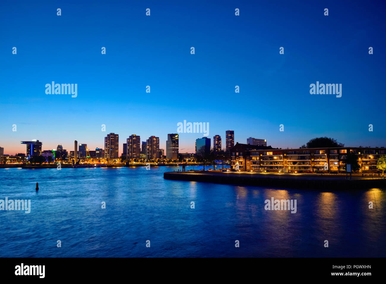 Rotterdam cityscape with Noordereiland at night, Netherlands Stock ...