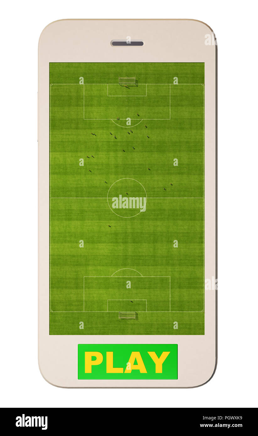 Soccer field on the mobile phone screen isolated on white. 3d rendering ...
