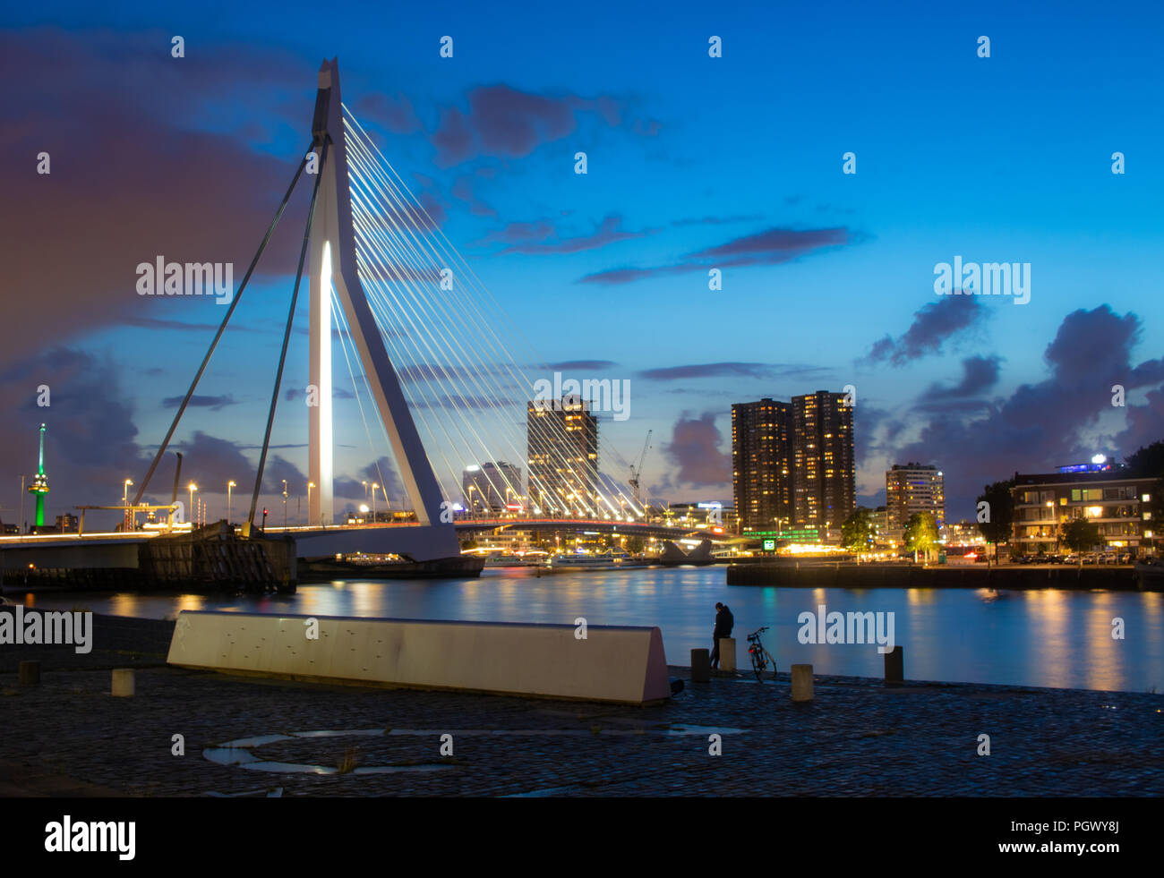 Erasmus, bridge, cloudy, sky, evening, dusk dawkn, maas, river, lighted ...