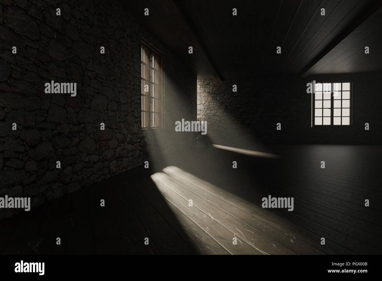 3d rendering of medieval empty room with light rays at window Stock ...