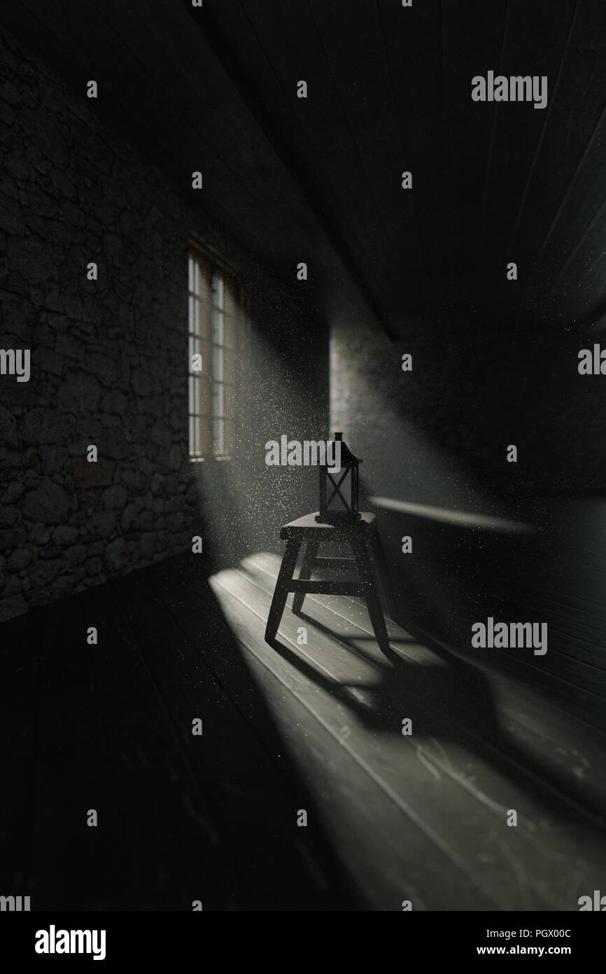 3d rendering of medieval empty room with light rays at windows Stock ...