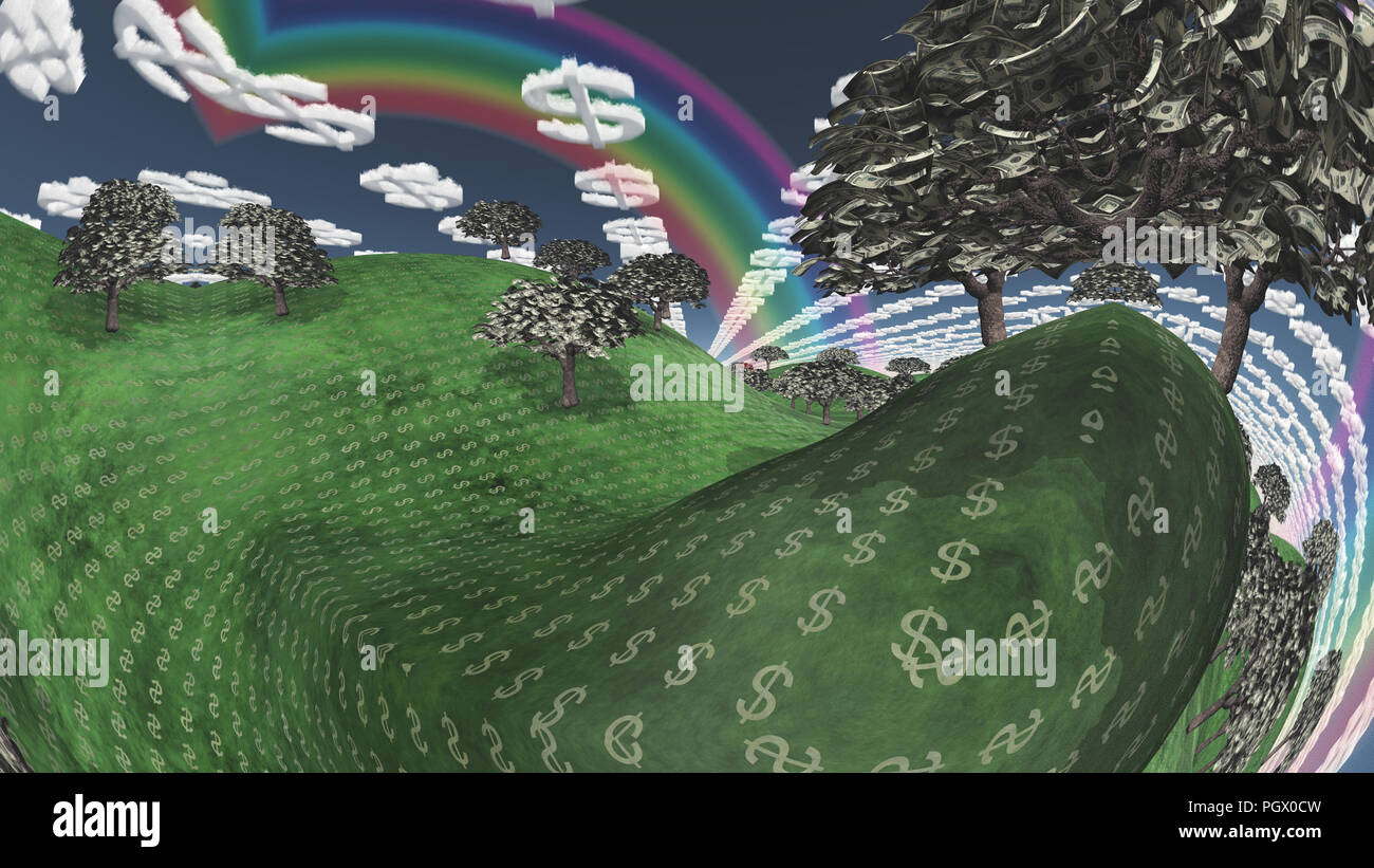 Surreal digital art. Landscape with currency elements. Trees with ...