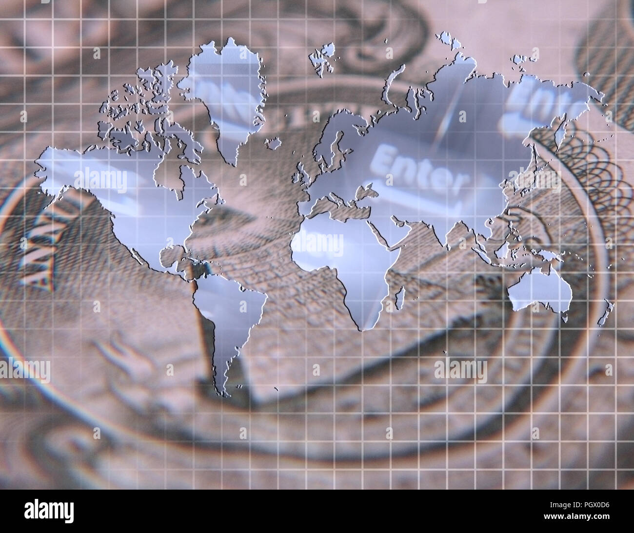 Worlds map with computer keyboard on dollar banknote background Stock ...
