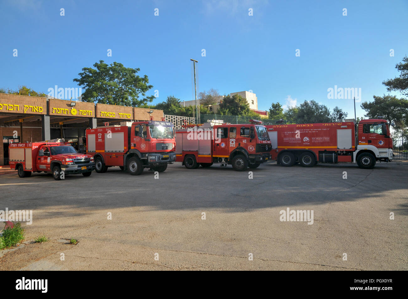 Fire trucks in a fire station, Haifa, Israel Stock Photo - Alamy