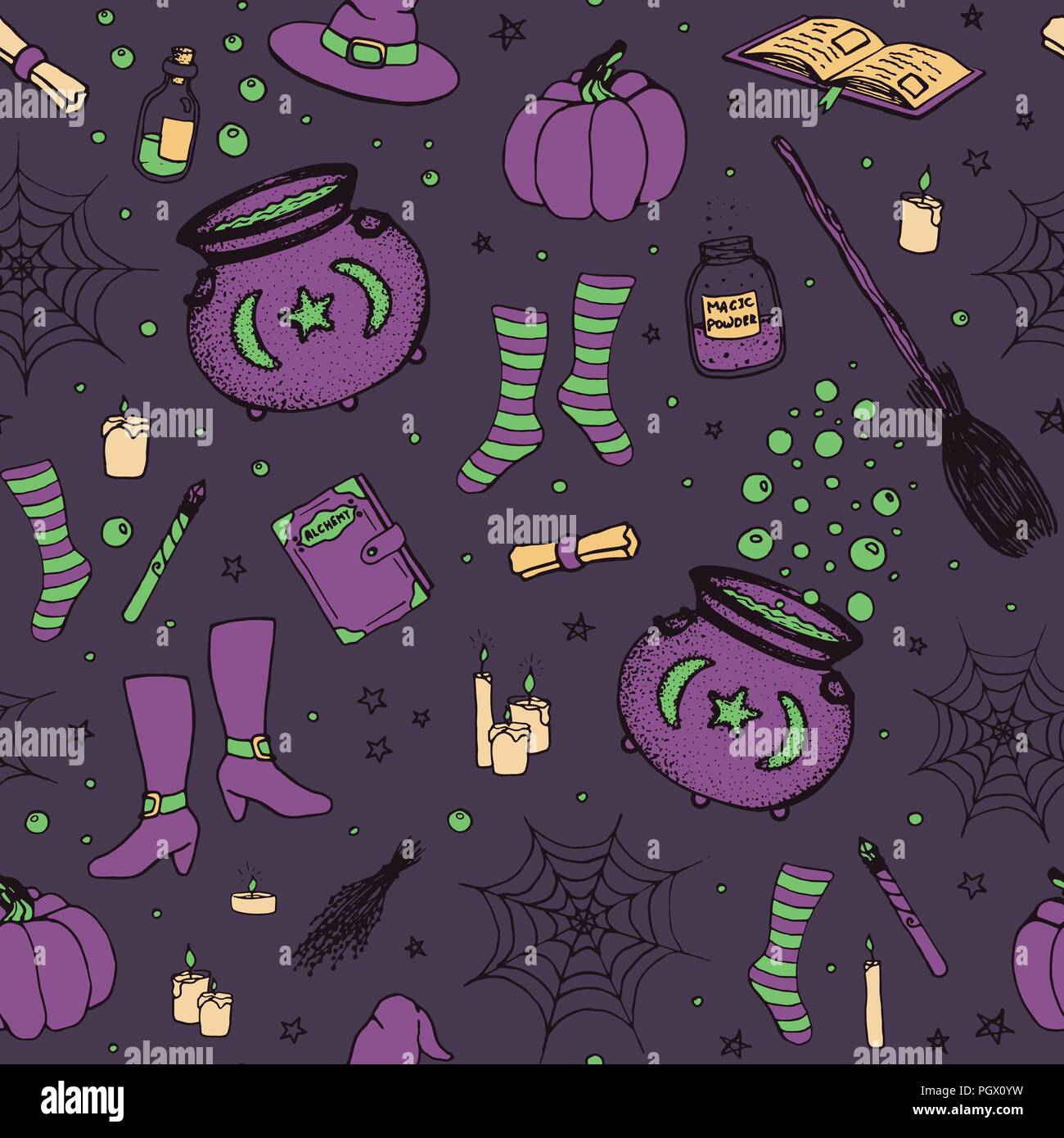 Vector Halloween pattern with hand drawn pumpkin, cauldron, spider web ...