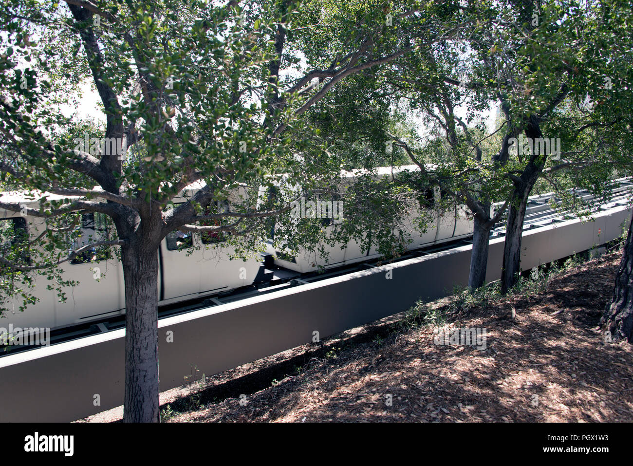 A view of an elevated tram rail and a highway passing cars in Los ...