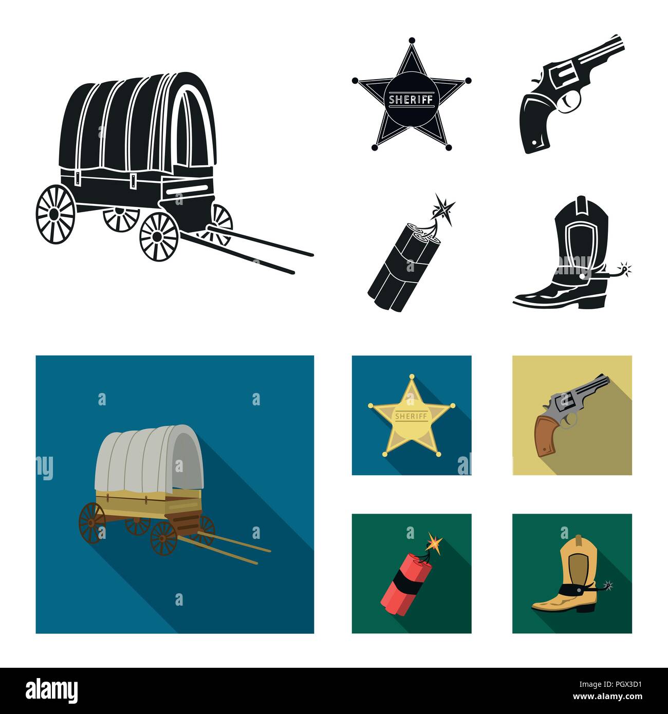 Star sheriff, Colt, dynamite, cowboy boot. Wild West set collection ...
