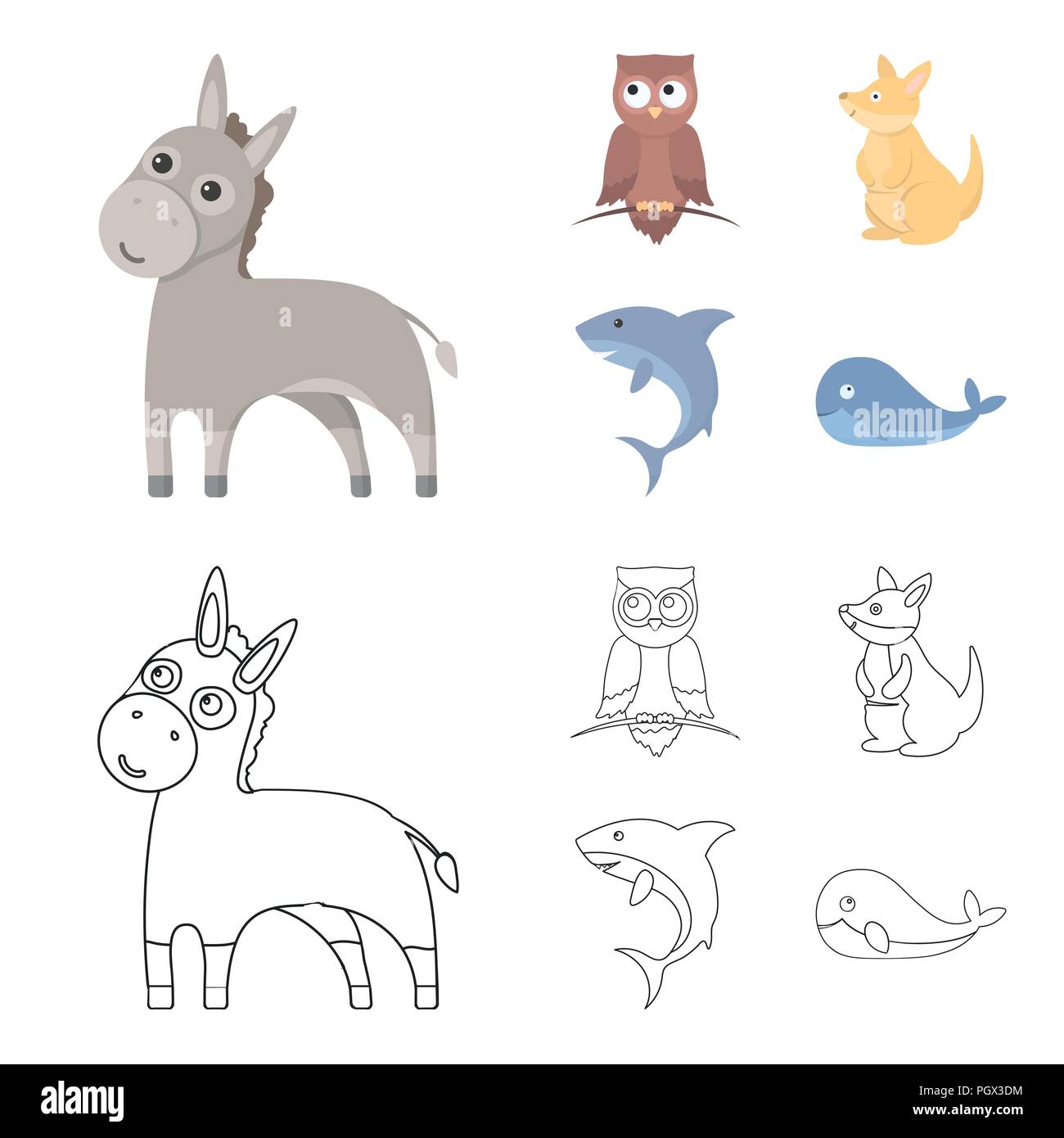 Donkey, owl, kangaroo, shark.Animal set collection icons in cartoon ...