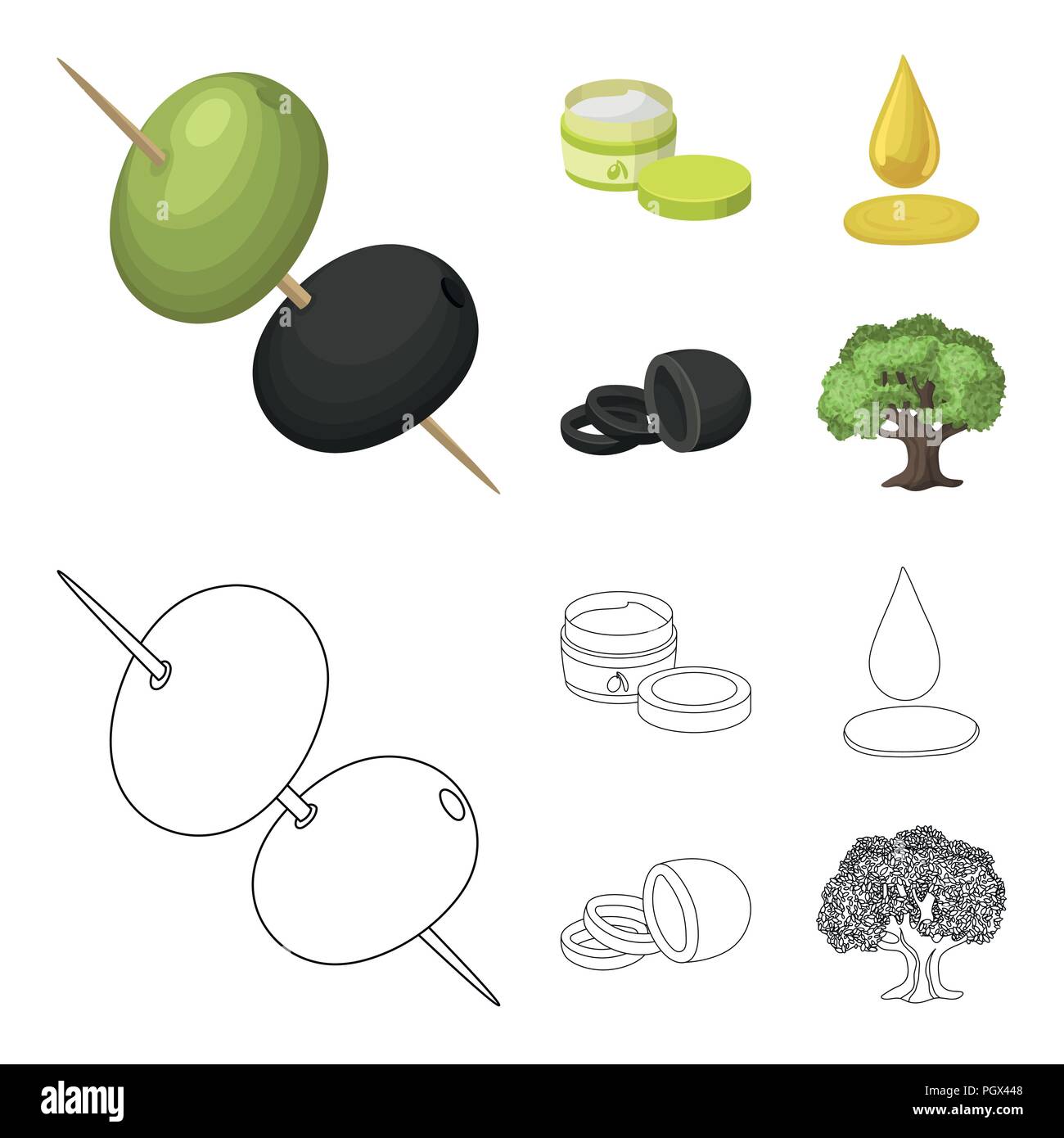 Olives on skewers. A piece of black olives, a jar of cream, a drop of ...
