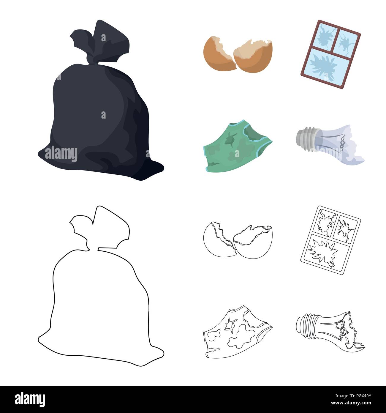 A garbage bag, a broken egg shell, a torn dirty T-shirt, a broken ...