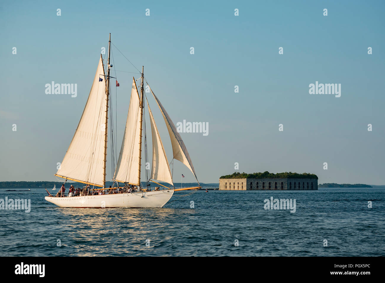 a Tall ship passing Fort Gorges on Hog Island Ledge in the Casco Bay at ...
