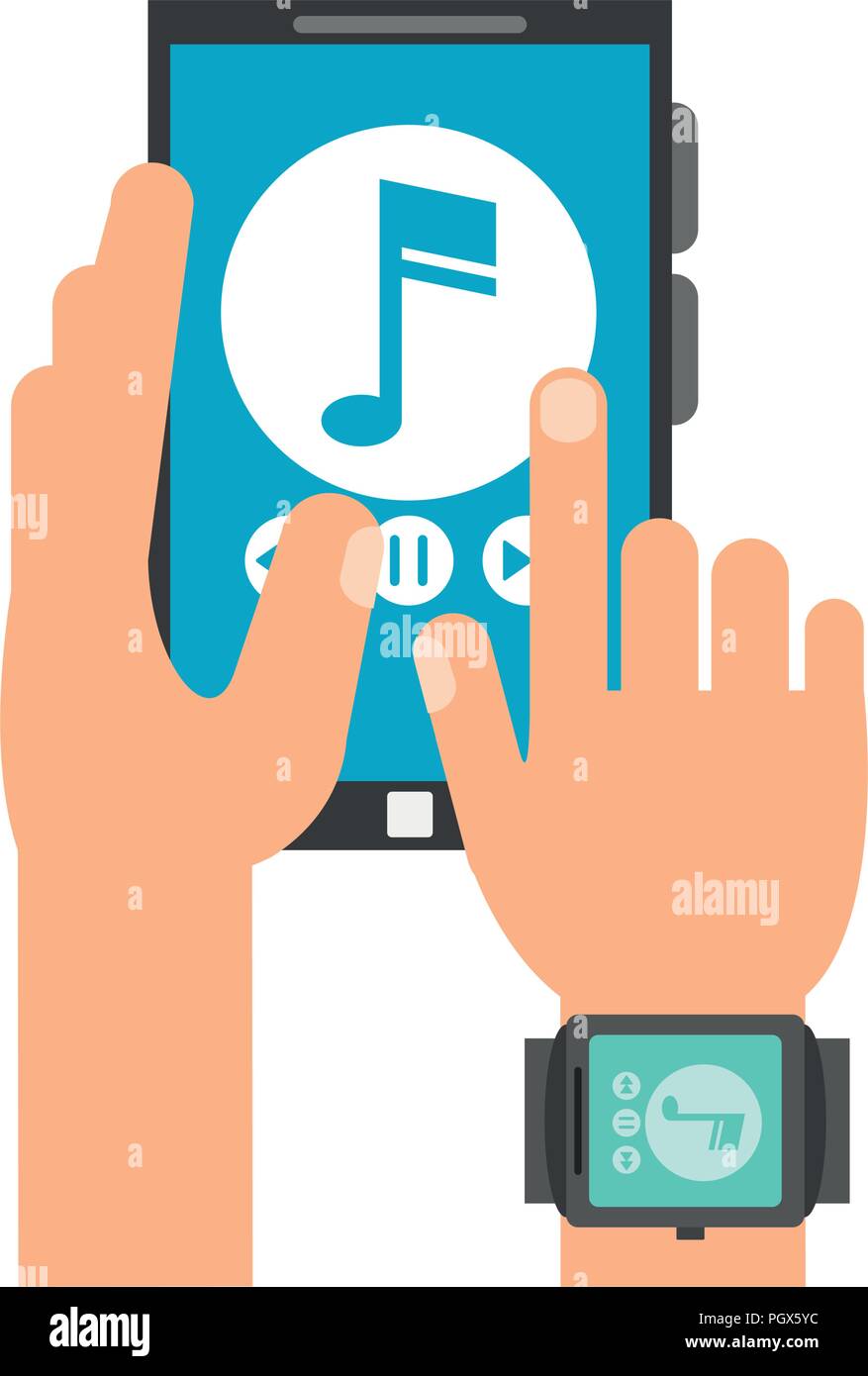 Hands using smartphone to listen music Stock Vector Image & Art - Alamy