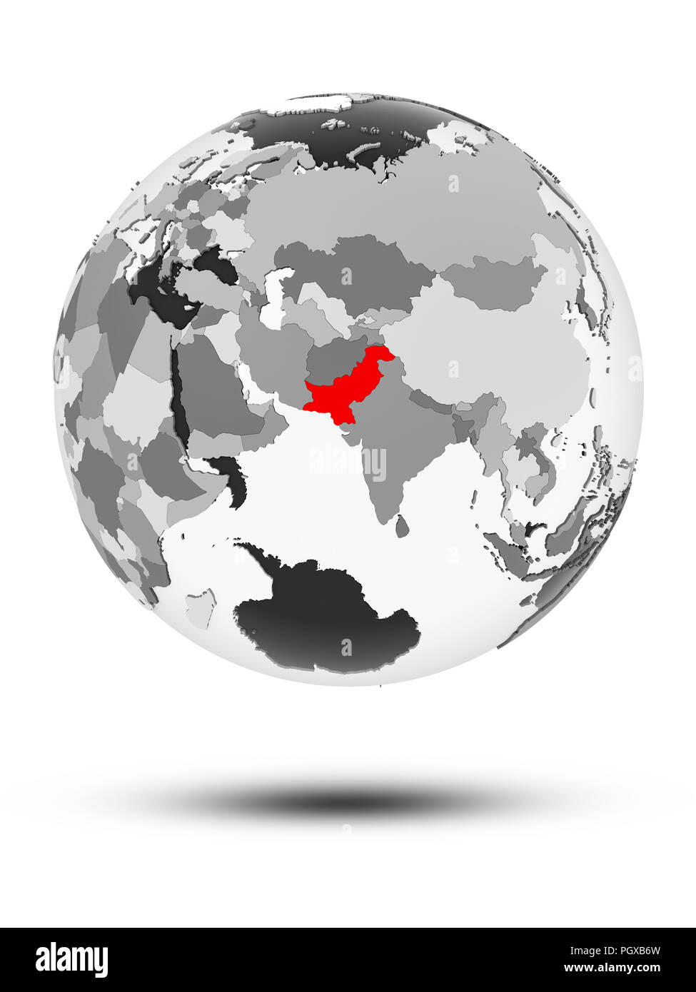 Pakistan on globe with translucent oceans isolated on white background ...