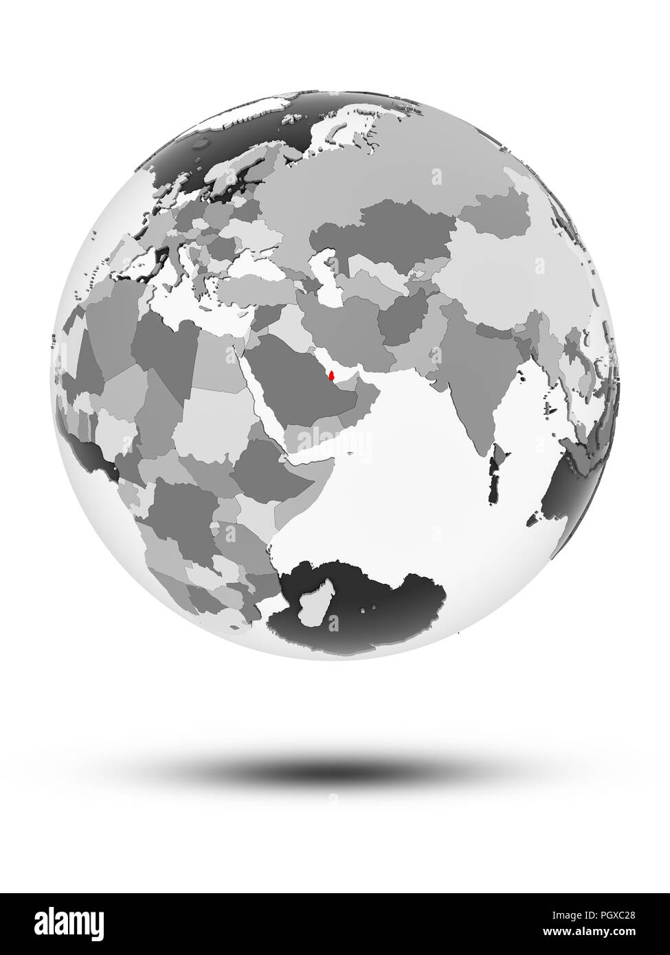 Qatar on globe with translucent oceans isolated on white background. 3D ...