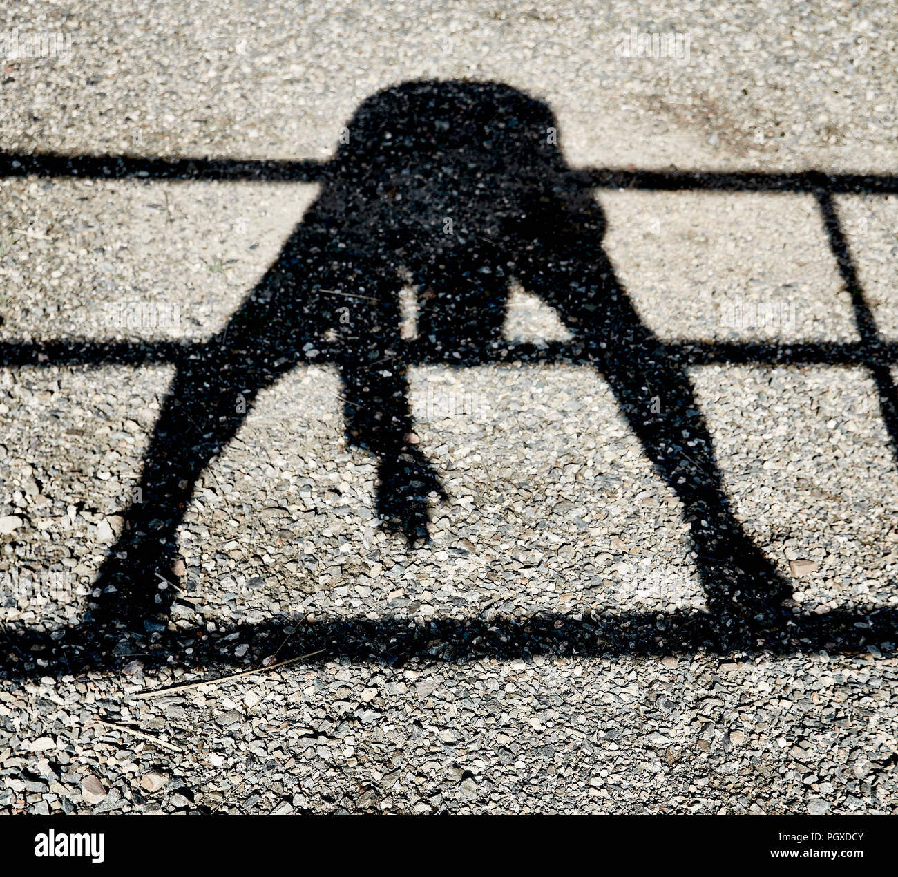 Shadow of a person balancing on a rail while bending over looking ...