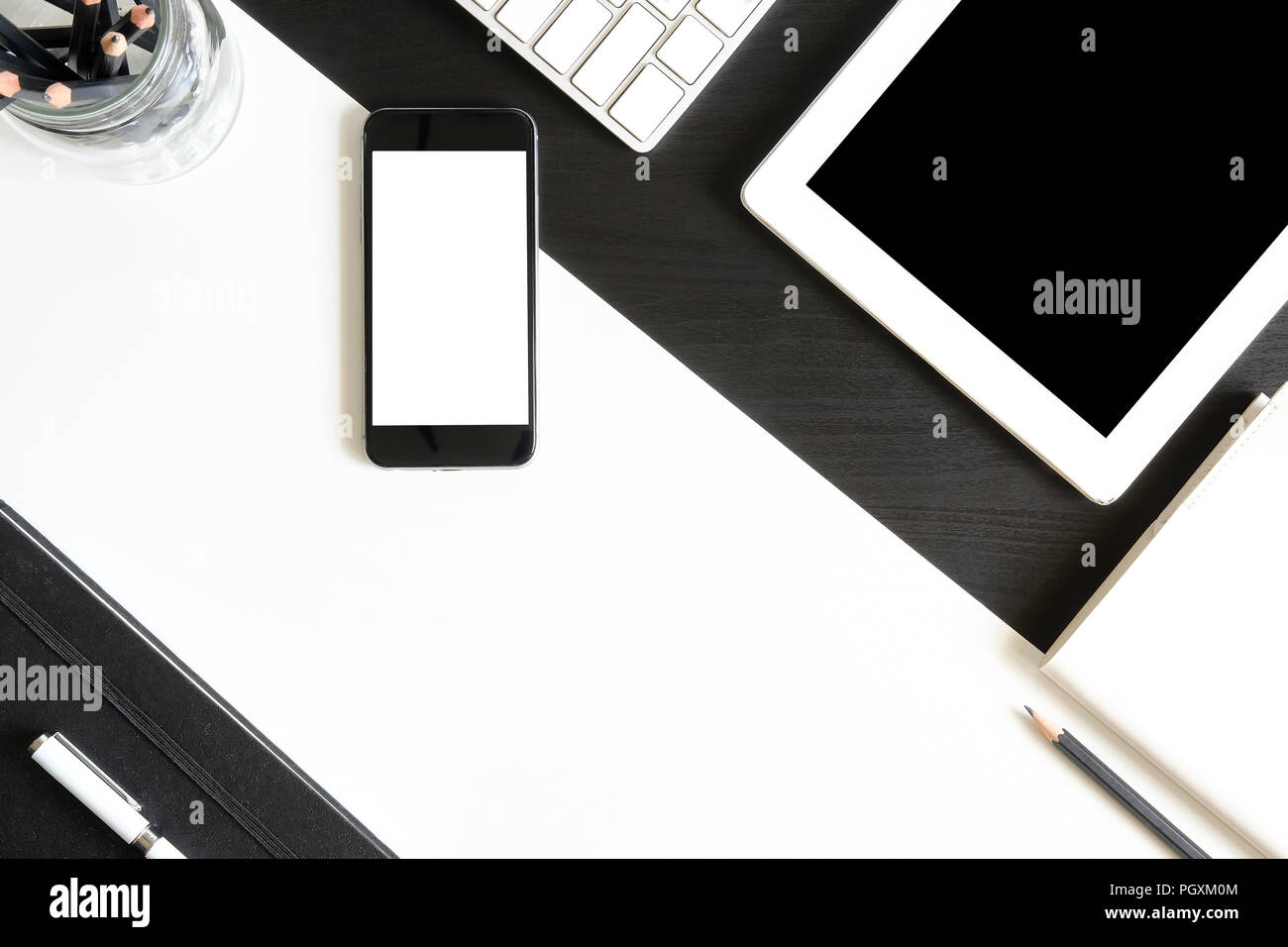 Mockup Smartphone On Table With Tablet And Notebook With Pen A Top View